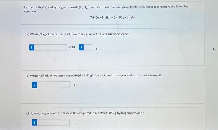 Solved Hydrazine (N2H4) and hydrogen peroxide (H2O2) have | Chegg.com
