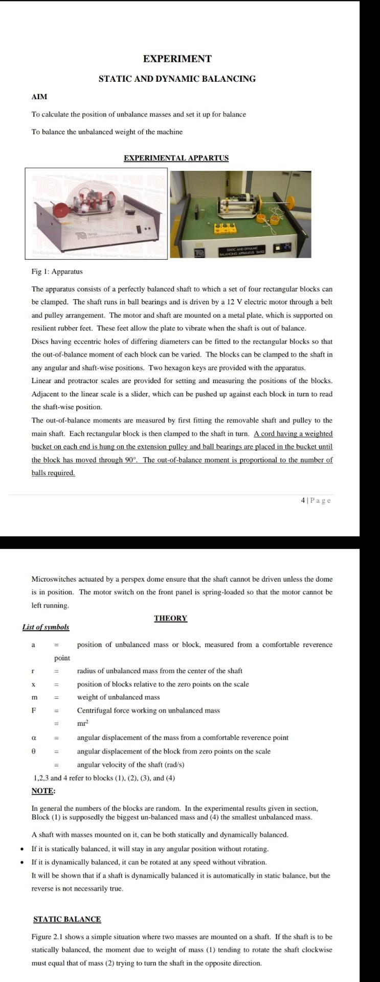 EXPERIMENT STATIC AND DYNAMIC BALANCING AIM To | Chegg.com