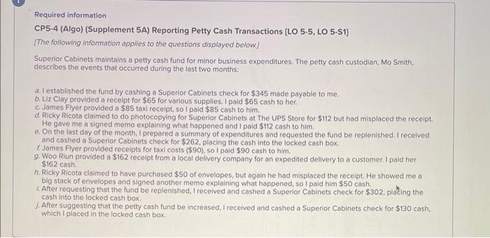 Solved CP5-4 (Algo) (Supplement 5A) Reporting Petty Cash | Chegg.com