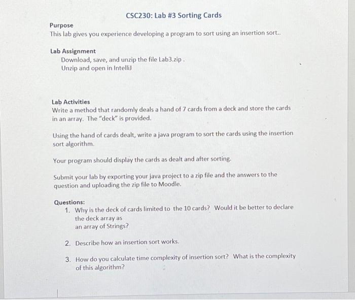 Solved CSC230: Lab \#3 Sorting Cards Purpose This lab gives | Chegg.com