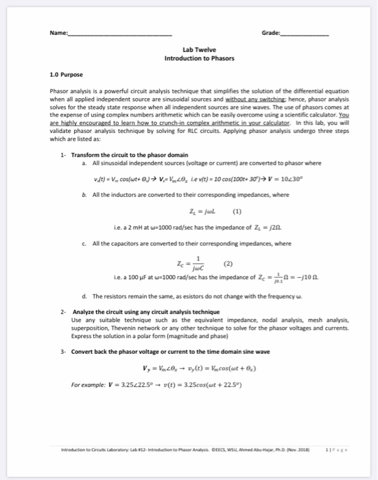 Solved Lab Twelve Introduction to Phasors 1.0 Purpose Phasor | Chegg.com