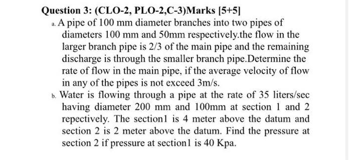 Solved Question 3: (CLO-2, PLO-2,C-3)Marks [5+5] a. A pipe | Chegg.com