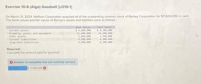 Solved Exercise 10-6 (Algo) Goodwill [LO10-1] On March 31, | Chegg.com