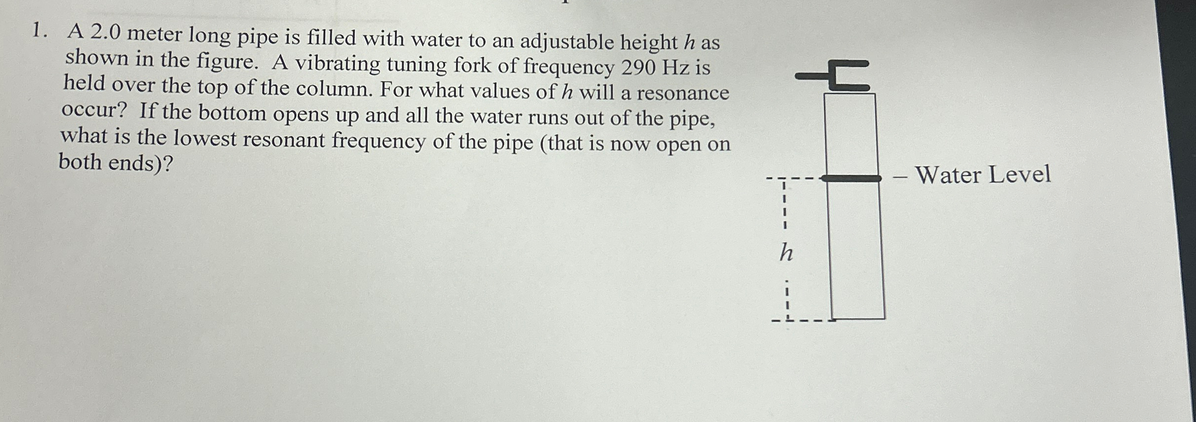Solved A 2.0 ﻿meter long pipe is filled with water to an | Chegg.com