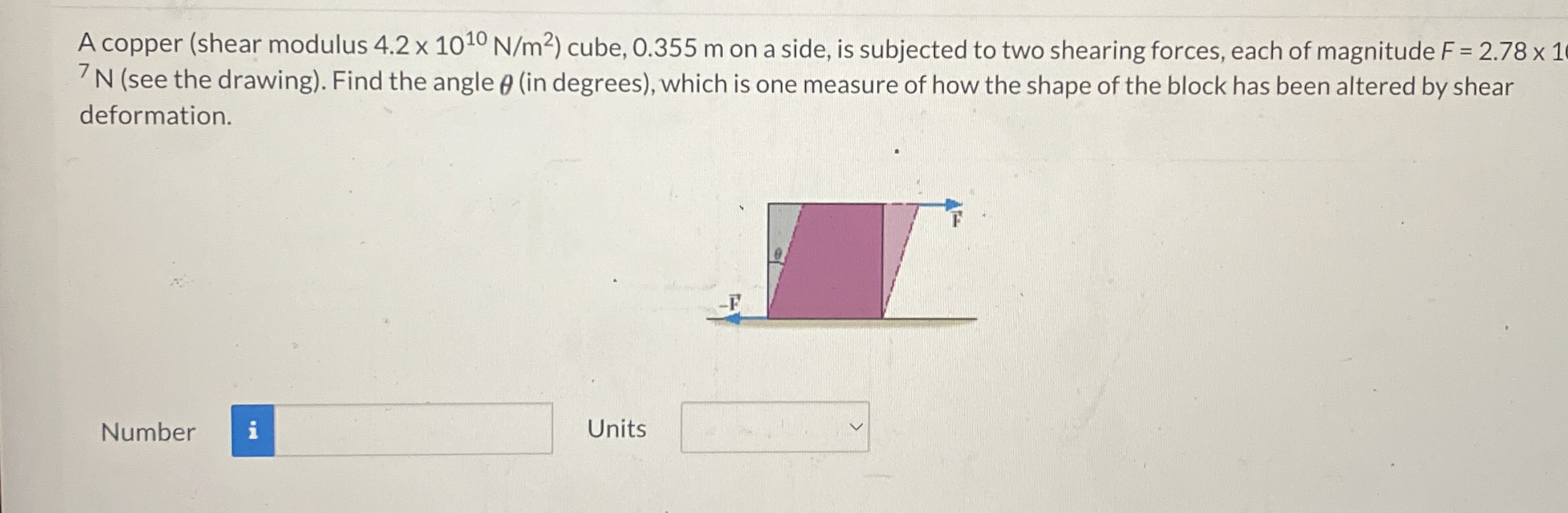 Solved A copper (shear modulus 4.2×1010Nm2 ) ﻿cube, 0.355 ﻿m | Chegg.com