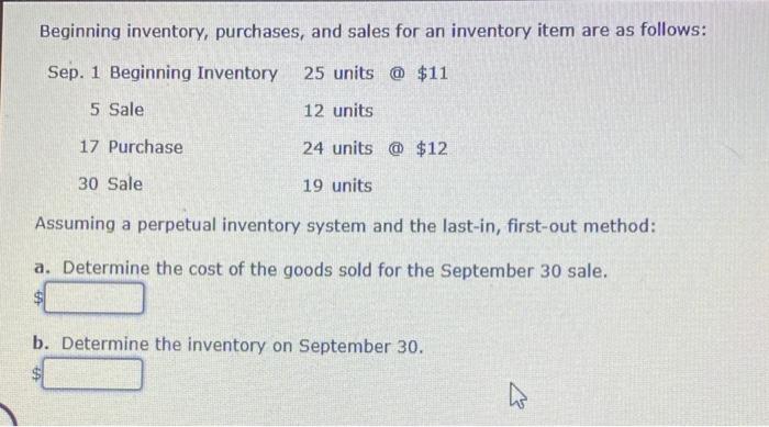 Solved Beginning inventory, purchases, and sales for an | Chegg.com
