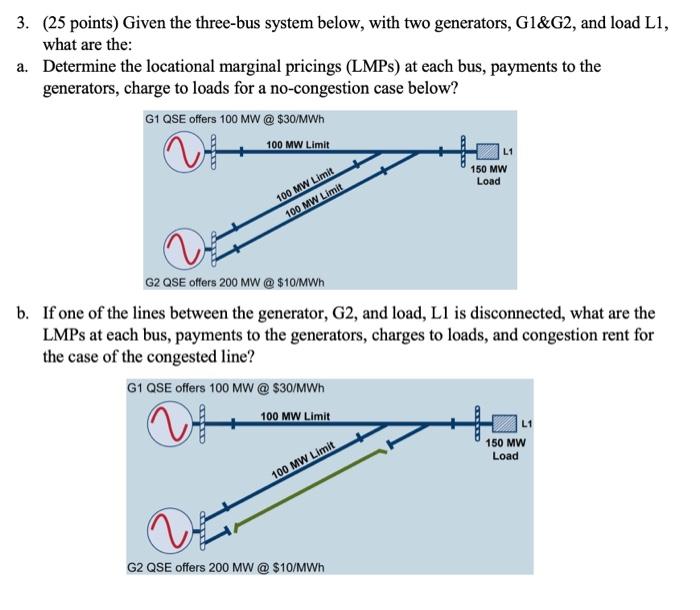 Solved 3. (25 points) Given the three-bus system below, with | Chegg.com