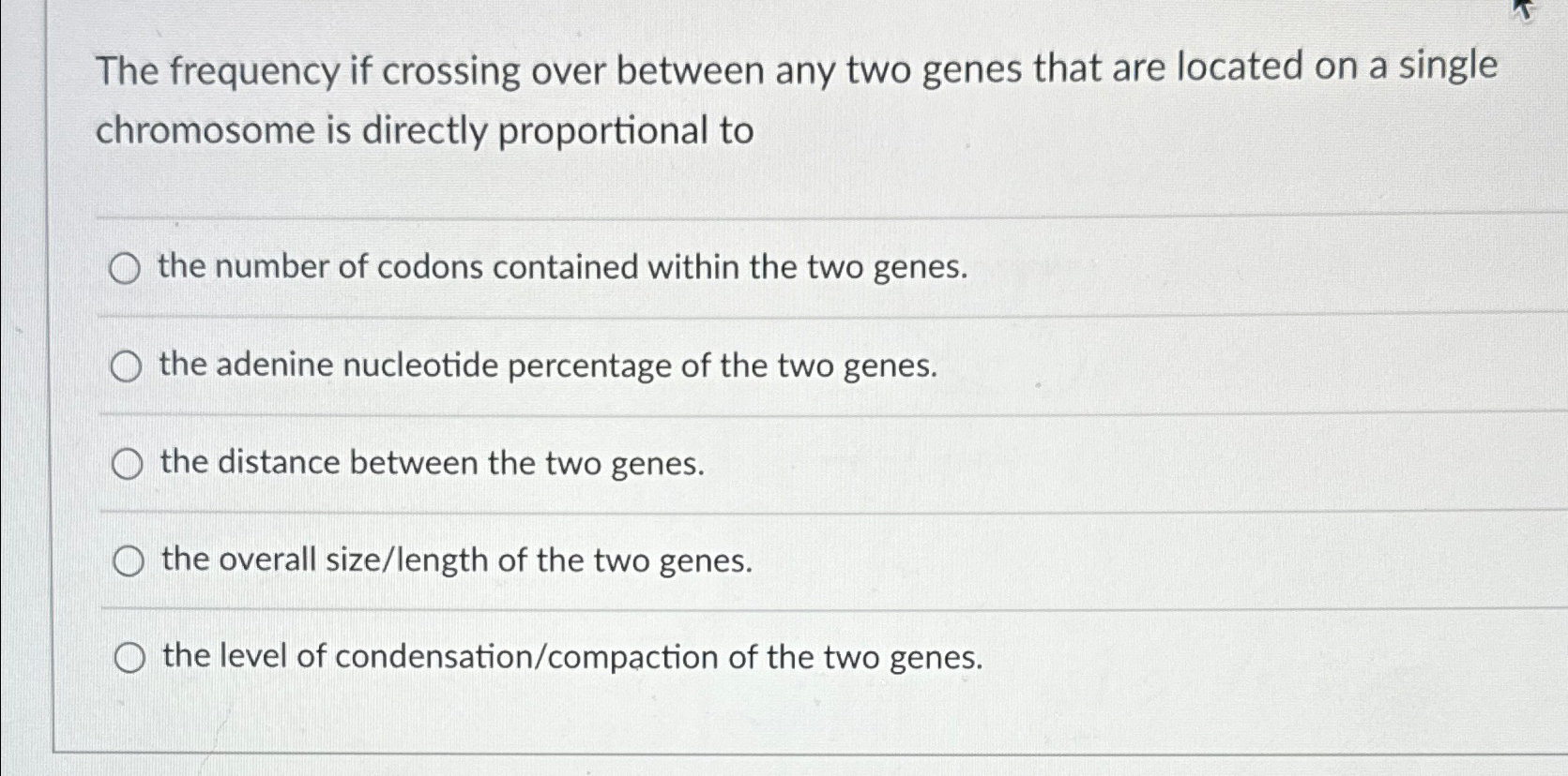 Solved The frequency if crossing over between any two genes | Chegg.com