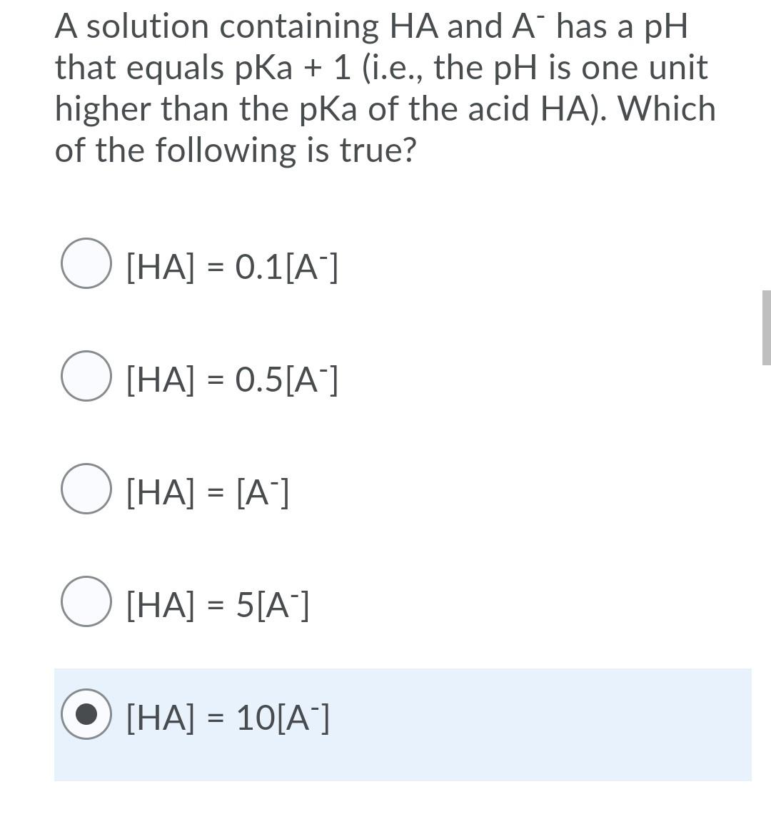 Solved A solution containing HA and A has a pH that equals | Chegg.com