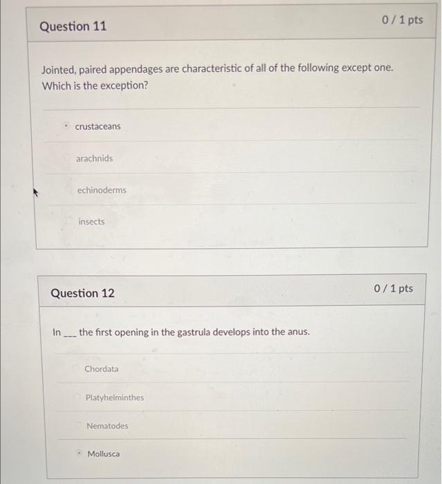 Solved 0/1 pts Question 11 Jointed, paired appendages are | Chegg.com