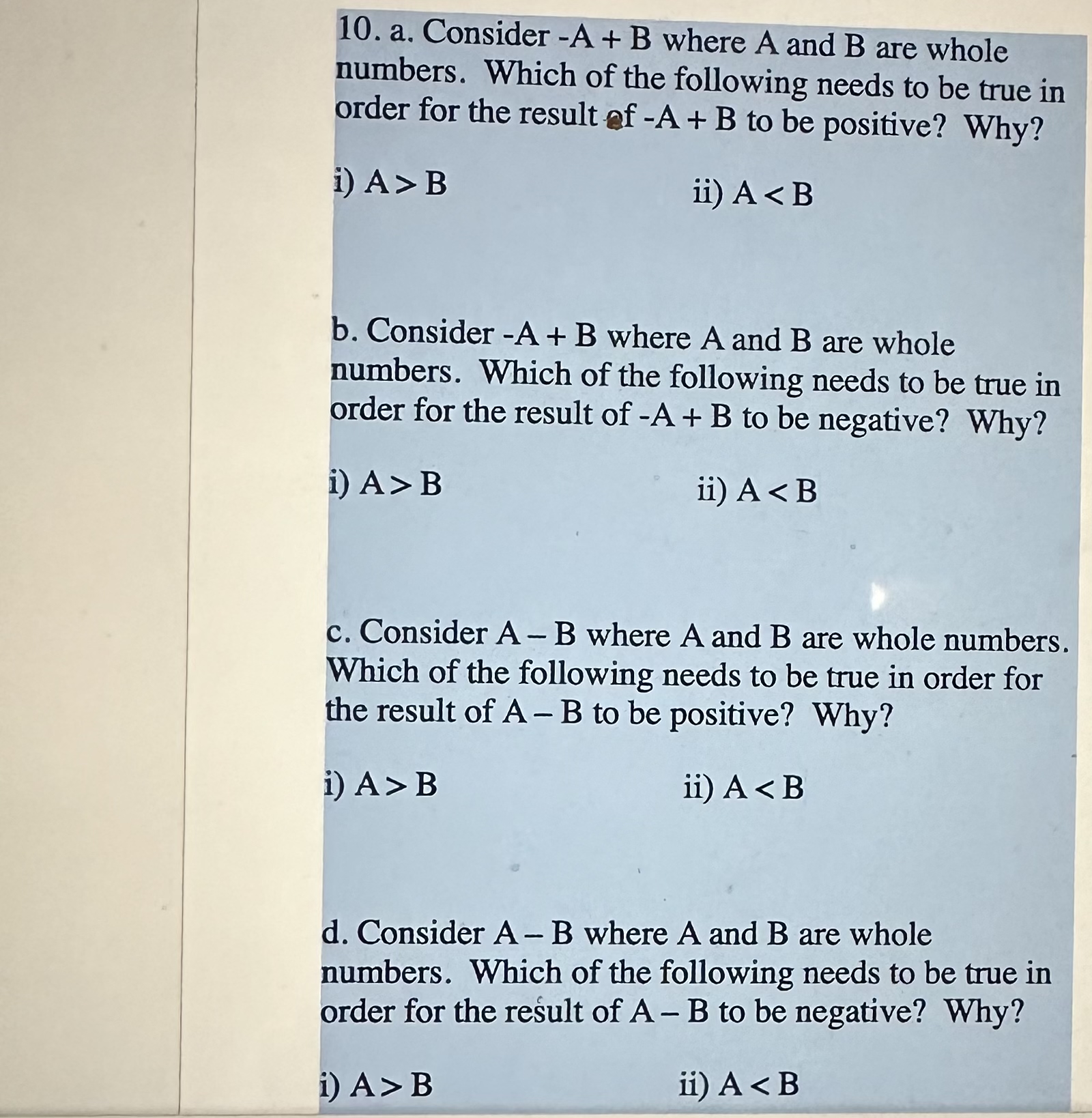 Solved a. ﻿Consider -A+B ﻿where A and B ﻿are whole numbers. | Chegg.com