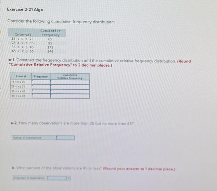 Solved Exercise 2-21 Algo Consider the following cumulative | Chegg.com