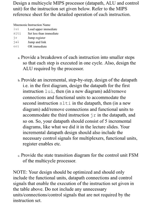 Design a multicycle MIPS processor (datapath, ALU and | Chegg.com