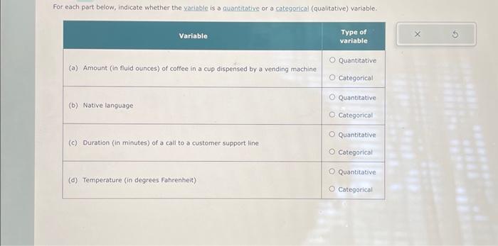 Solved For each part below, indicate whether the yariable is | Chegg.com