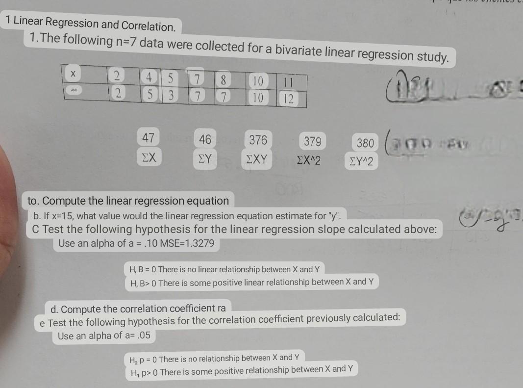 Solved Linear Regression and Correlation. 1. The following | Chegg.com
