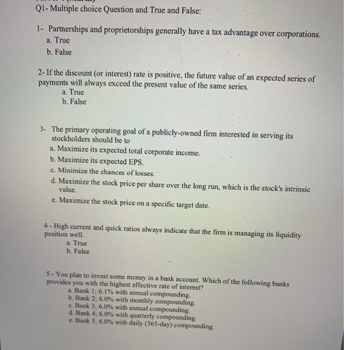 Solved Q1- Multiple choice Question and True and False: 1- | Chegg.com