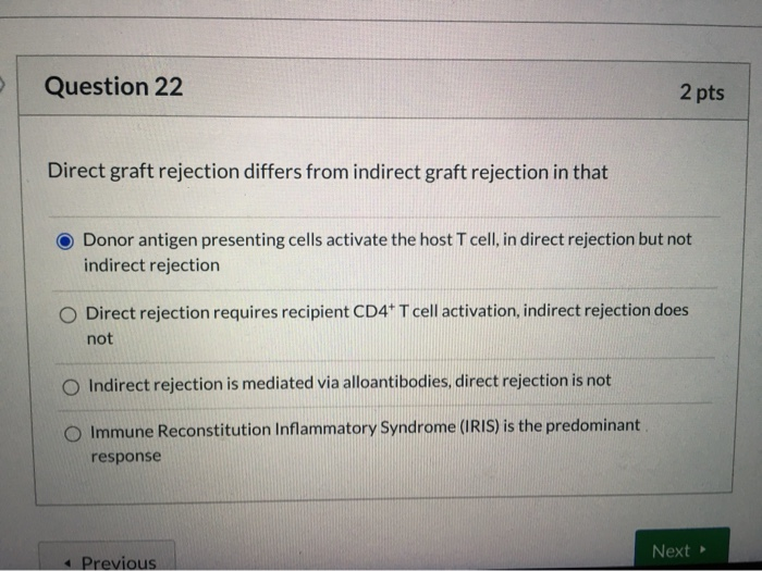 Solved Question 22 2 pts Direct graft rejection differs from | Chegg.com