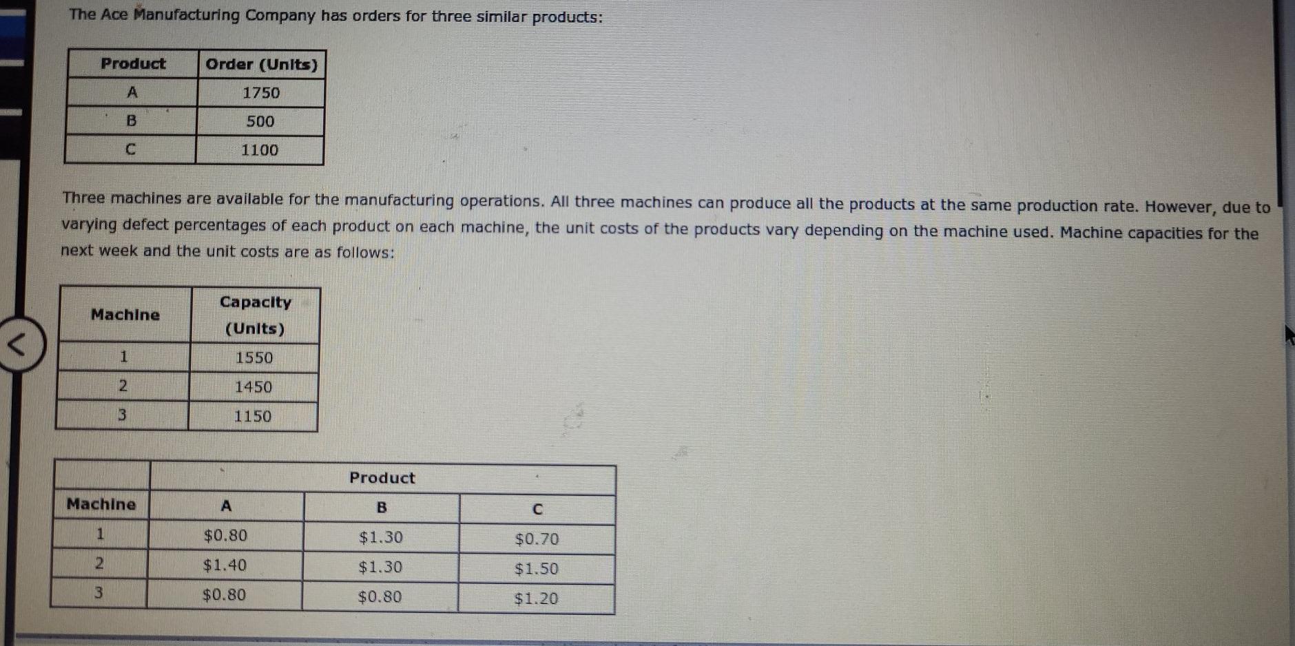 Solved The Ace Manufacturing Company has orders for three | Chegg.com