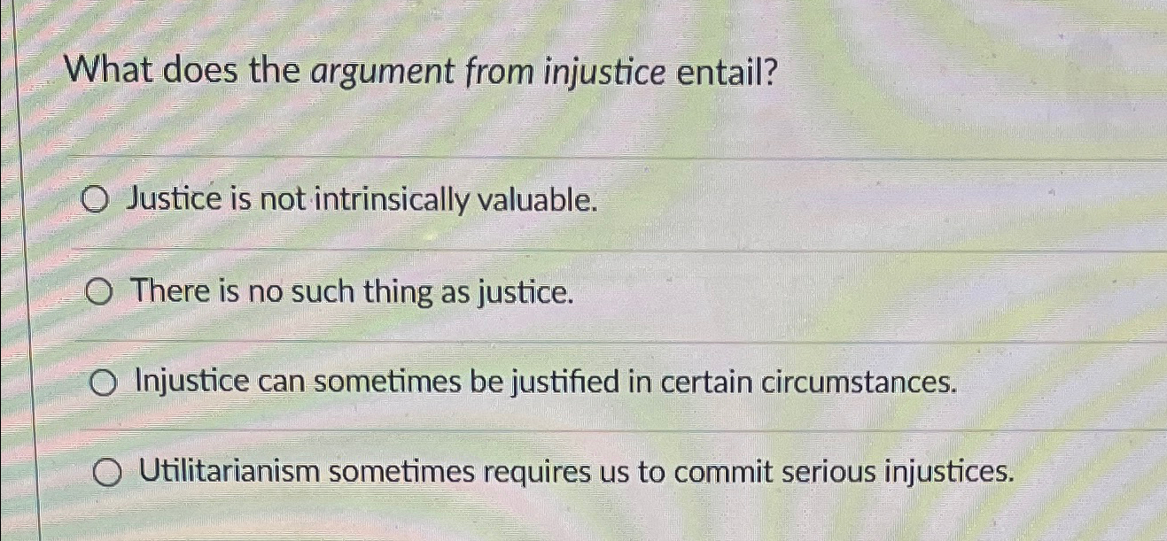 Solved What does the argument from injustice entail?Justice | Chegg.com