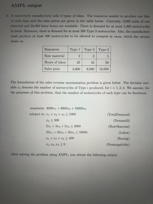 AMPL output 6. A motorcycle manufacturer sells 3 | Chegg.com