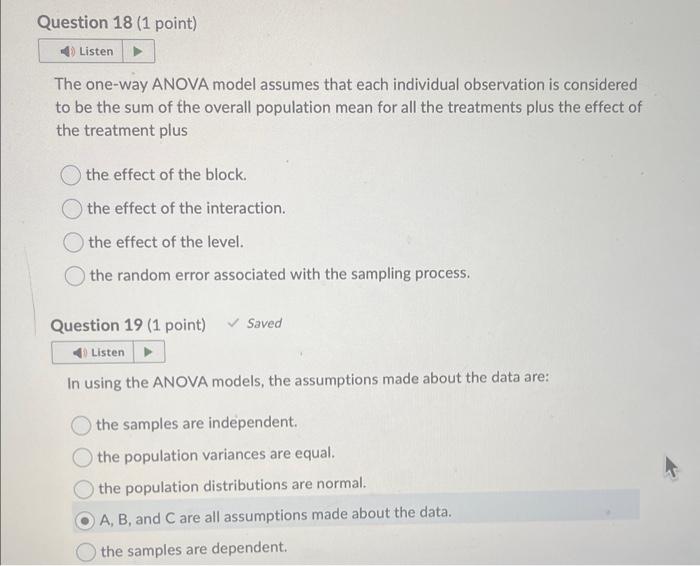 Solved The one-way ANOVA model assumes that each individual | Chegg.com