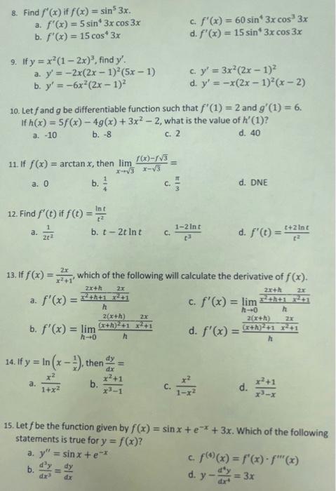 Solved 8. Find f′(x) if f(x)=sin53x. a. f′(x)=5sin43xcos3x | Chegg.com Solved 8. Find f′(x) if f(x)=sin53x. a. f′(x)=5sin43xcos3x | Chegg.com