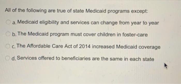 Solved All of the following are true of state Medicaid | Chegg.com