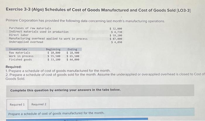 Solved Exercise 3-3 (Algo) Schedules of Cost of Goods | Chegg.com