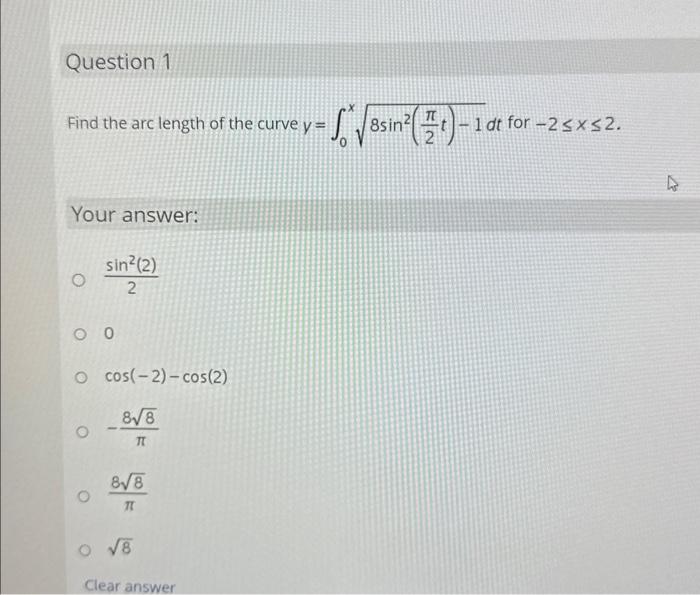 Solved Find the arclength of the curve y=∫0x8sin2(2πt)−1dt | Chegg.com