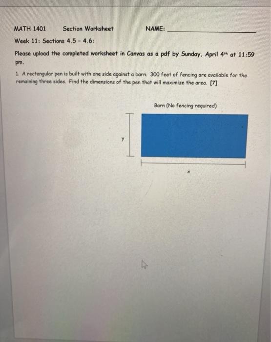 Solved MATH 1401 Section Worksheet NAME: Week 11: Sections | Chegg.com
