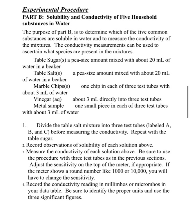Experimental Procedure PART B: Solubility and | Chegg.com