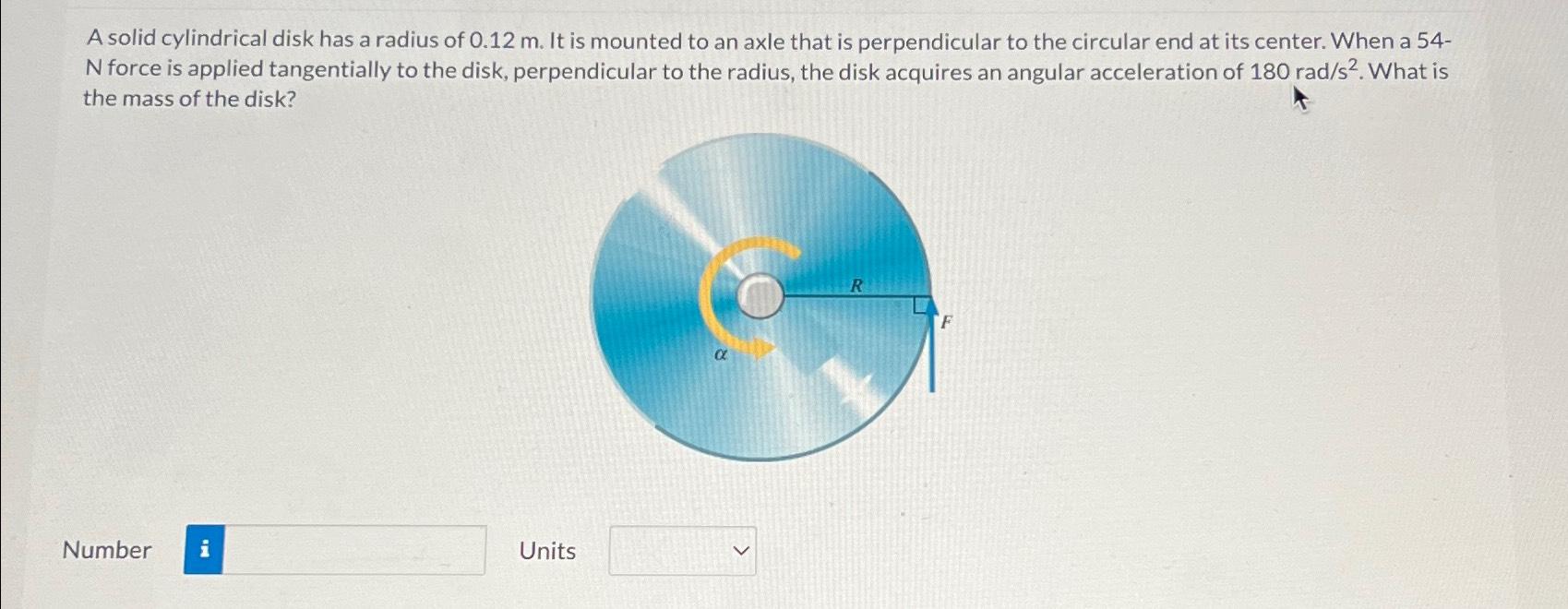 Solved A solid cylindrical disk has a radius of 0.12m. ﻿It | Chegg.com