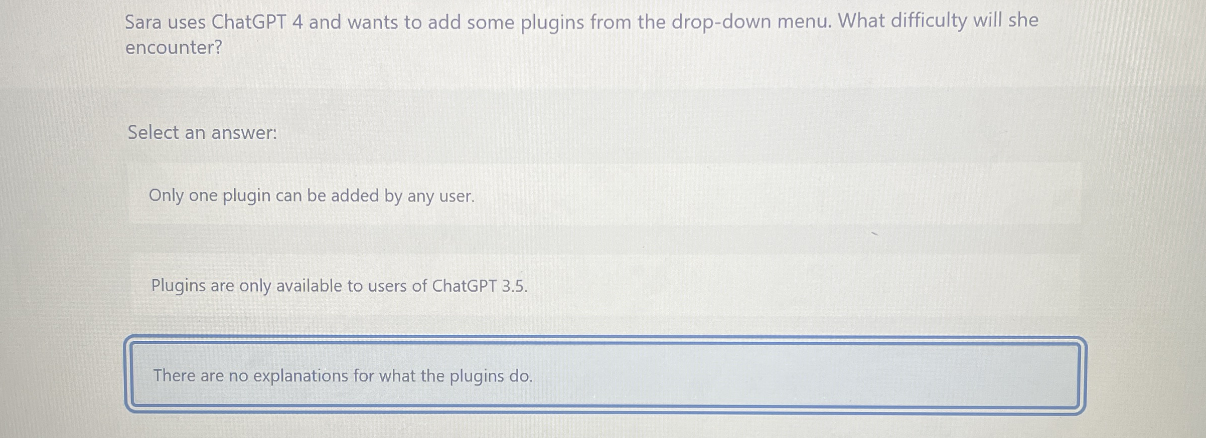 Solved Sara uses ChatGPT 4 ﻿and wants to add some plugins | Chegg.com