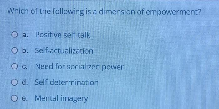 Solved Which of the following is a dimension of empowerment? | Chegg.com