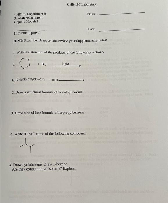 Solved CHE107 Experiment 9 Pre-lab Assignment Organic Models | Chegg.com