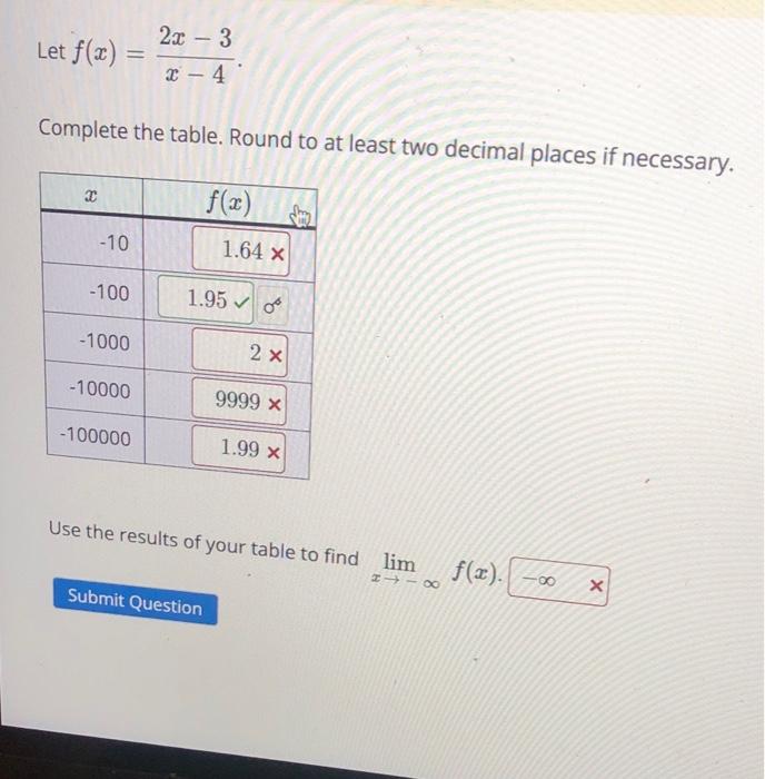 Solved Let f(x)=x−42x−3. Complete the table. Round to at | Chegg.com