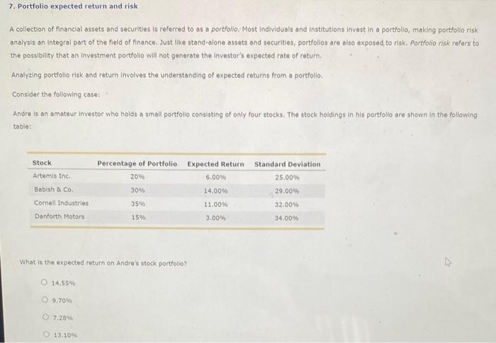 Solved 7. Portfolio expected return and risk A collection of | Chegg.com