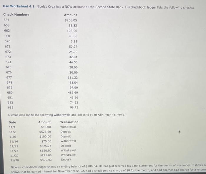 Solved Use Worksheet 4.1. Nicolas Cruz has a NOW account at | Chegg.com