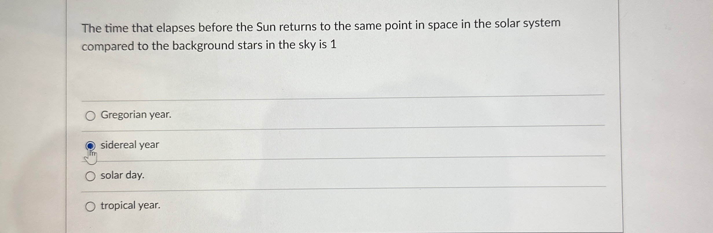 Solved The time that elapses before the Sun returns to the | Chegg.com