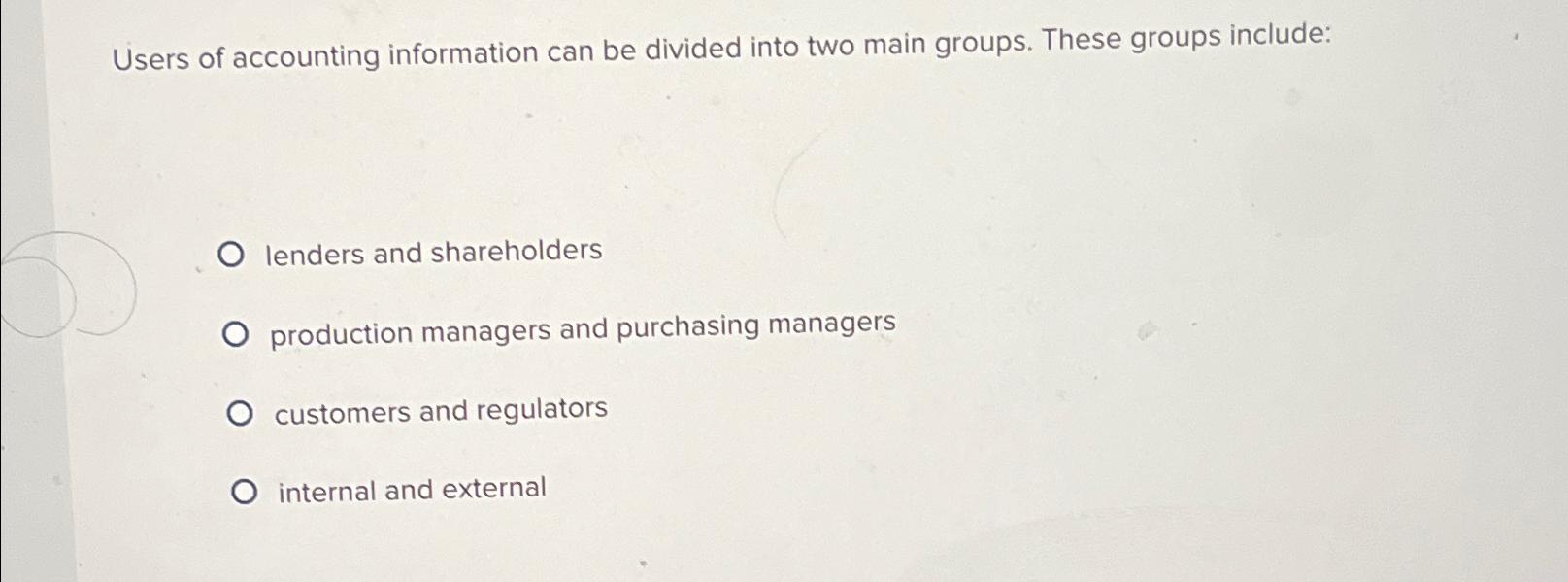 Solved Users of accounting information can be divided into | Chegg.com
