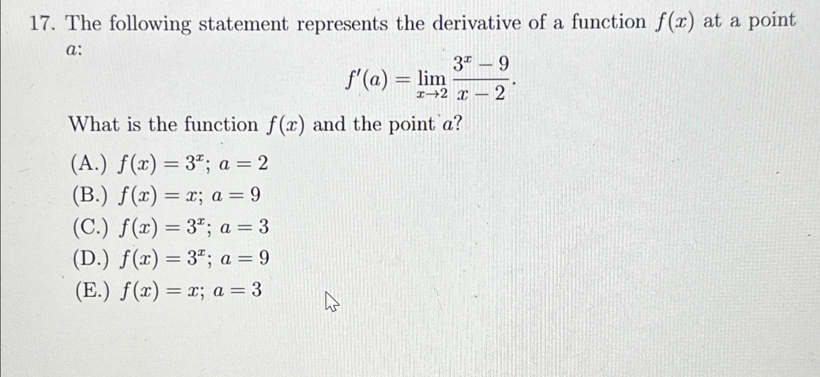 Solved The following statement represents the derivative of | Chegg.com