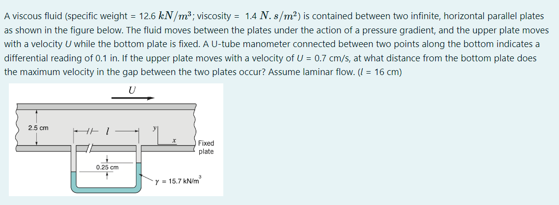Solved A viscous fluid (specific weight =12.6kNm3; viscosity | Chegg.com