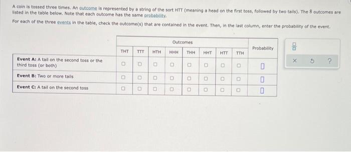 Solved A coin is tossed three times. An outcome is | Chegg.com