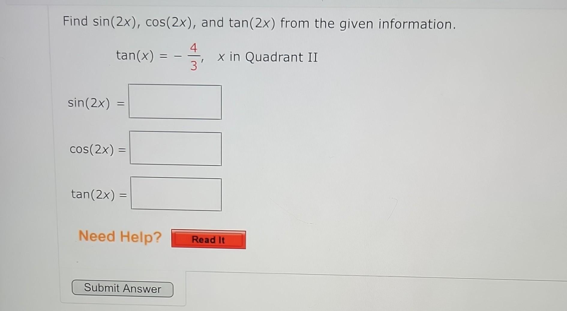 Solved Find sin(2x),cos(2x), and tan(2x) from the given | Chegg.com