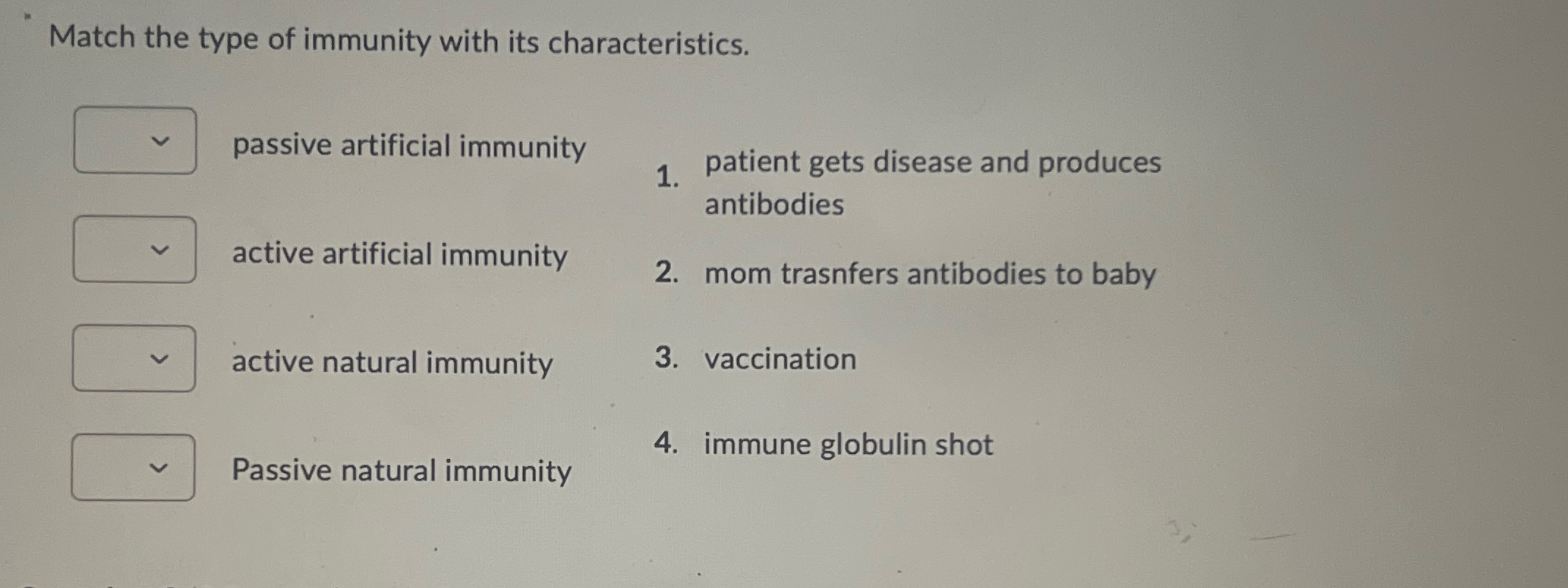 Solved Match the type of immunity with its | Chegg.com