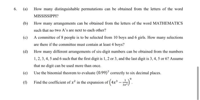 Solved 6. (a) How many distinguishable permutations can be | Chegg.com