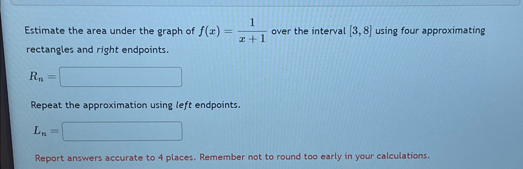 Solved Estimate the area under the graph of f(x)=1x+1 ﻿over | Chegg.com