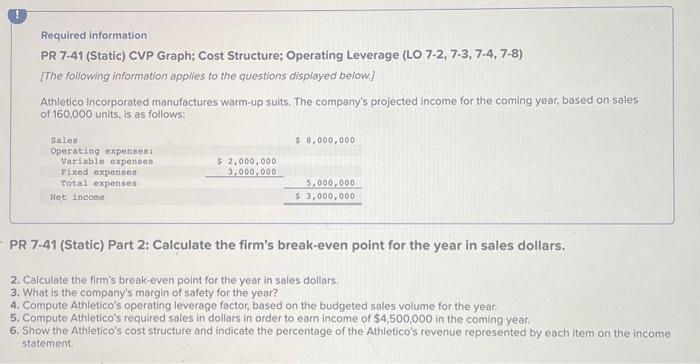 Solved Required information PR 7-41 (Static) CVP Graph; Cost | Chegg.com