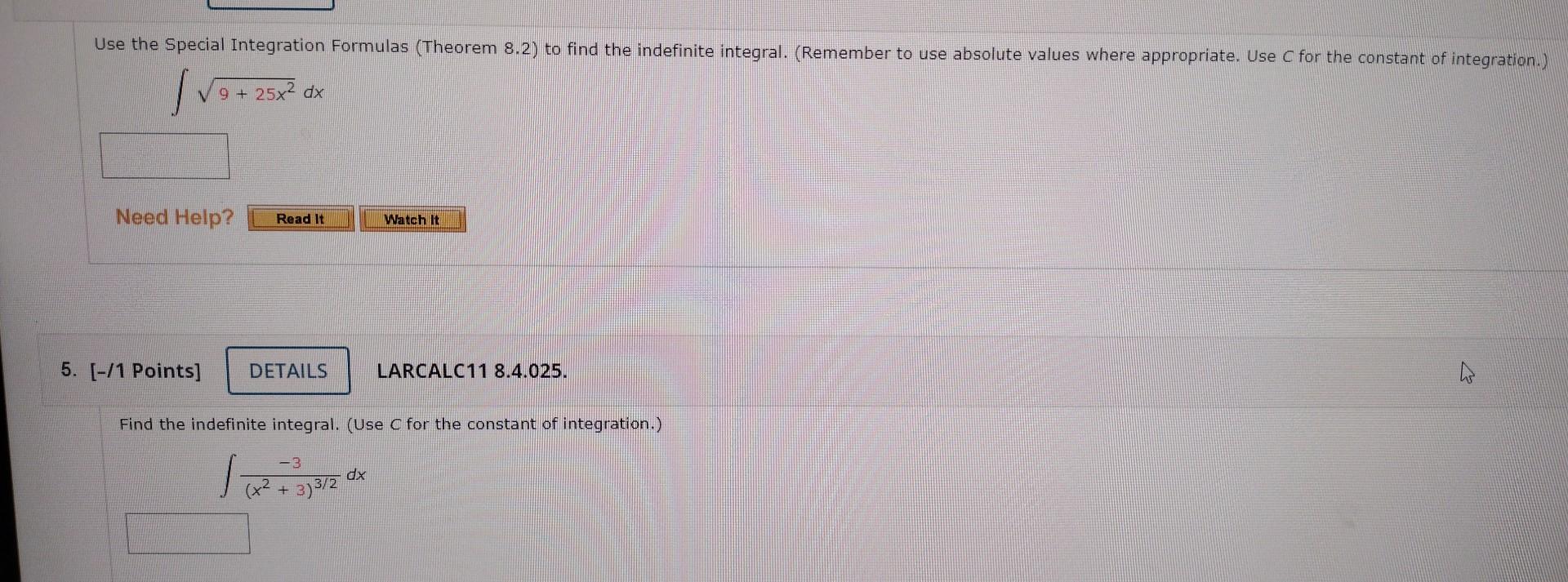 Solved Use the Special Integration Formulas (Theorem 8.2) to | Chegg.com