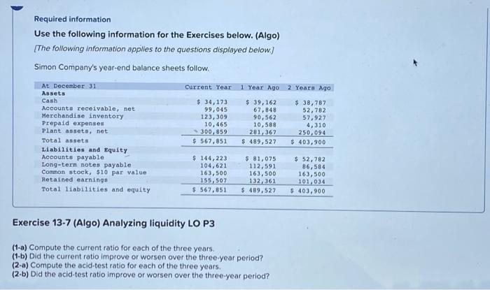 Solved Required information Exercise 13-10 (Algo) Analyzing | Chegg.com